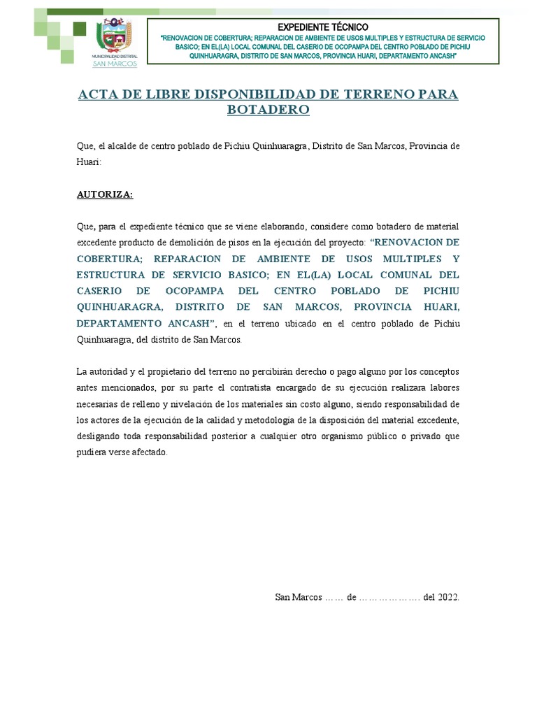 Acta de Libre Disponibilidad de Terreno para Botadero | PDF