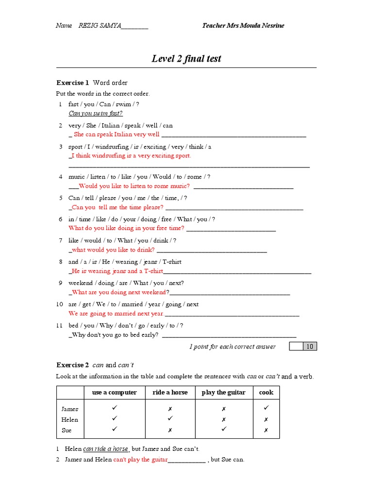 Level 2 English Test: Grammar Exercises | PDF | Lunch | Food And Drink