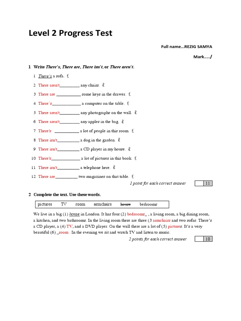 Level 2 Progress Test | PDF | Room