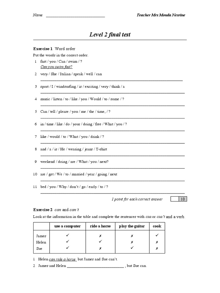 Level 2 Final Test Mrs Mouda | PDF