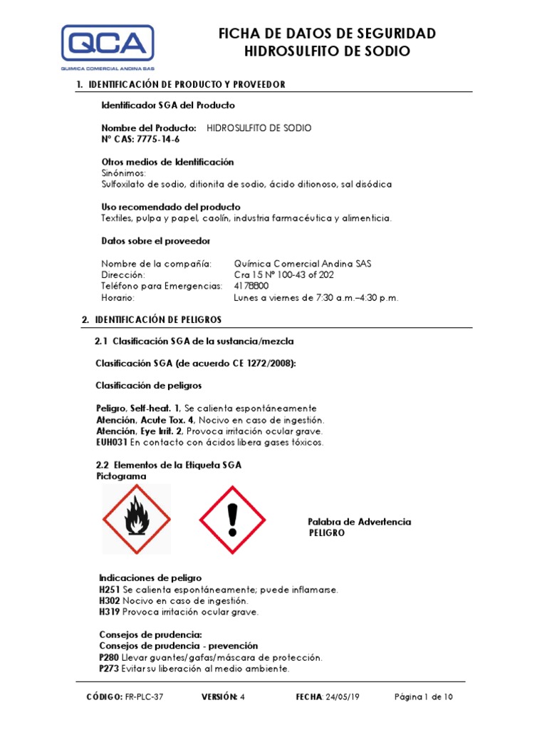 Sds-Hidrosulfito de Sodio | PDF | Agua | Toxicidad