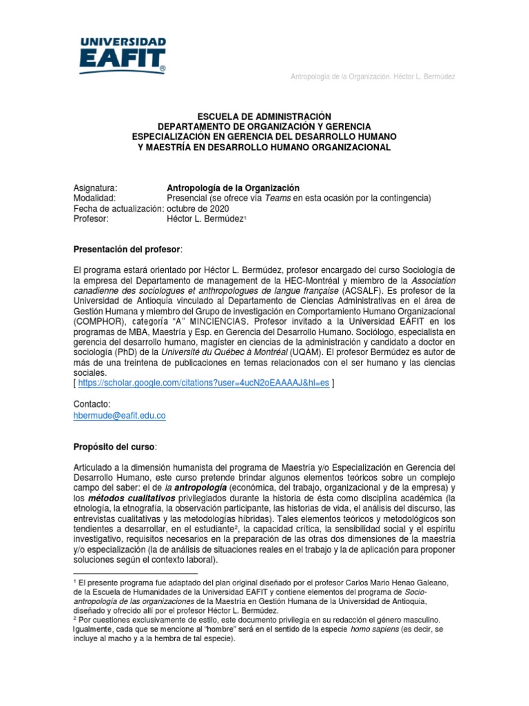 Bermudez Programa Antropoorganizaciones Eafit 2020 2 | PDF | Antropología | Evaluación