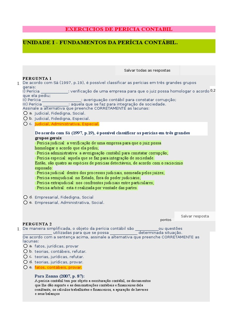 Exercicios de Pericia Contabil Unidade I - Fundamentos Da Pericia ...