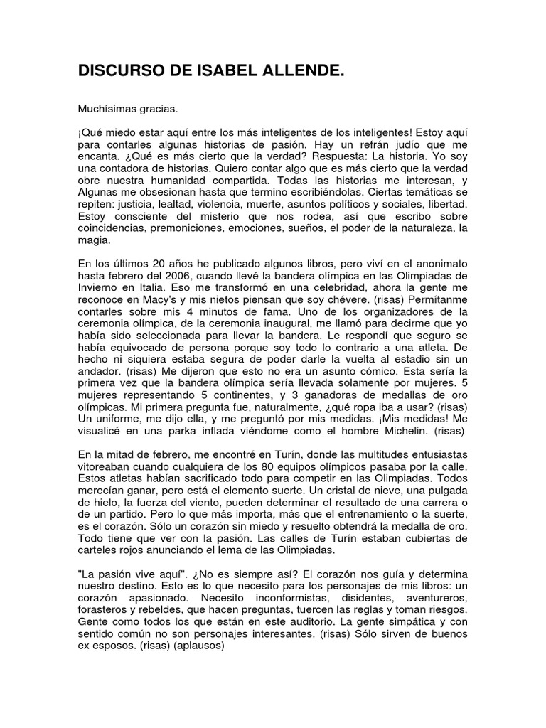 Discurso de Isabel Allende en 2006 | PDF | Novela negra, policíaca y ...