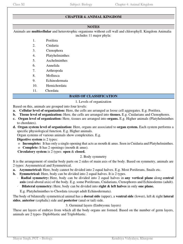 Class 11 Biology: Animal Kingdom Notes | PDF | Zoology | Biology