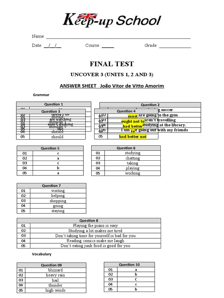 Answer Sheet Uncover 3 - Units 1 2 and 3 | PDF