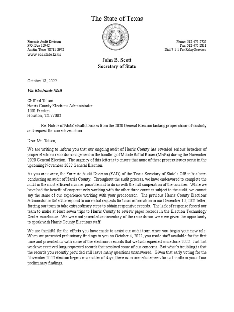 Letter To Harris County From FAD | PDF | Early Voting | Voting