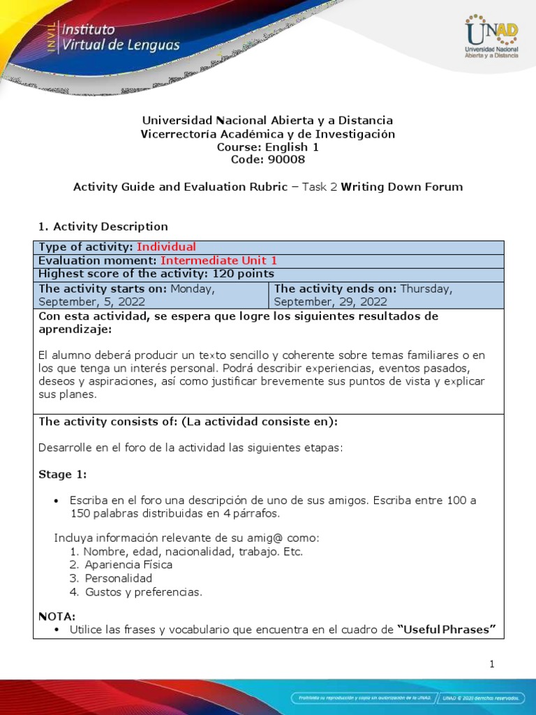 Activity Guide and Evaluation Rubric - Unit 1 - Task 2 - Writing Down Forum | Descargar gratis ...