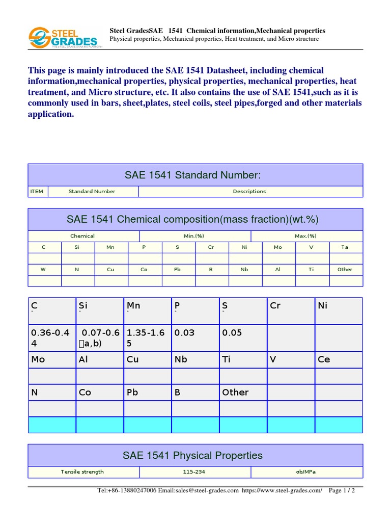 SAE 1541 Datasheet | PDF | Rolling (Metalworking) | Steel