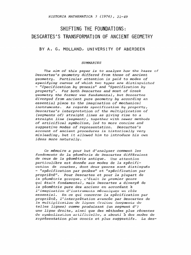 Descartes's Transformation of Ancient Geometry. by A, G, Molland 1976 ...