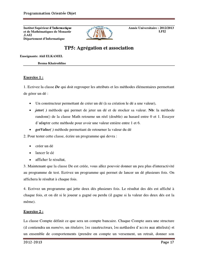 TP5: Agrégation Et Association: Exercice 1 | PDF | Java (Langage de programmation ...