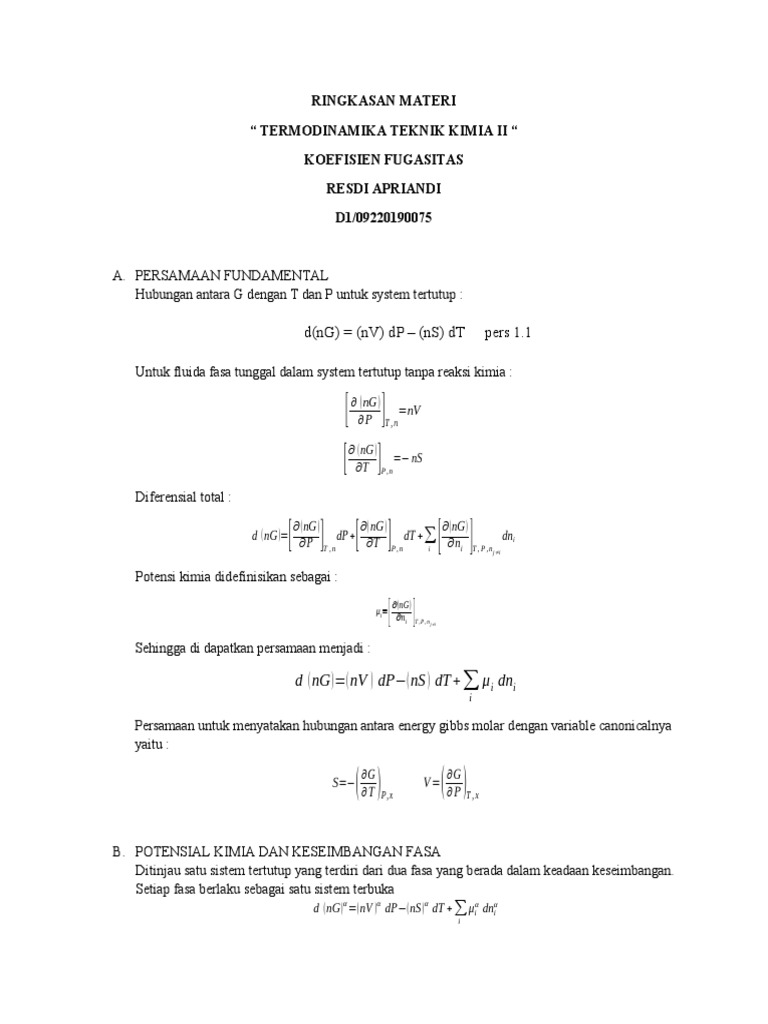 Ringkasan Materi Termodinamika Teknik Kimia | PDF