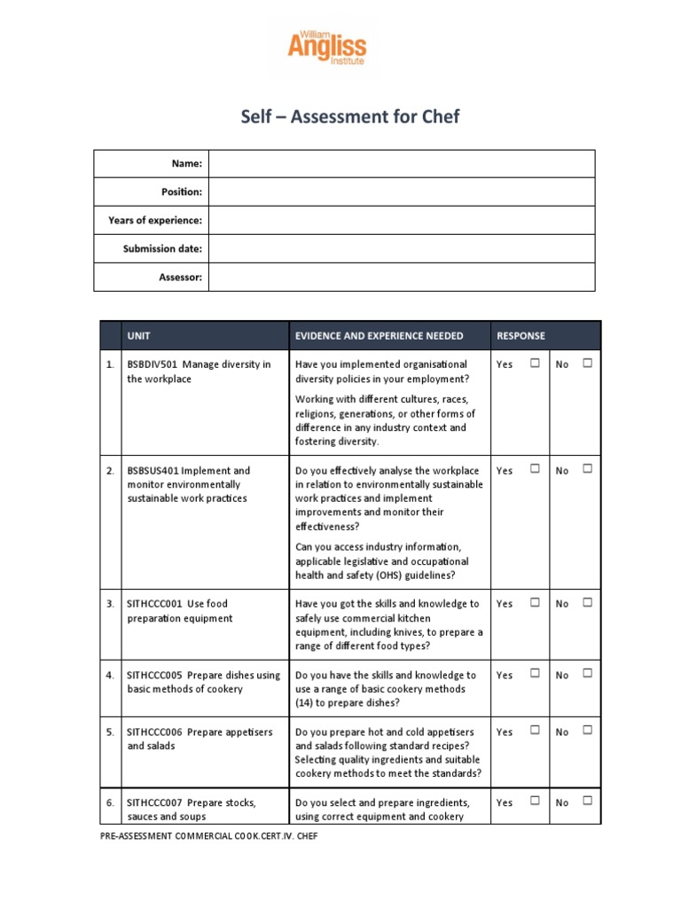 Self-Assessment Chef 011019 | PDF | Foods | Menu
