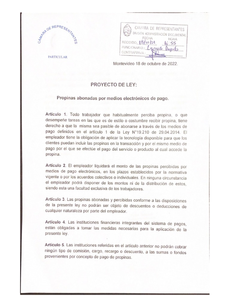 Proyecto de Ley Sobre Propinas | PDF