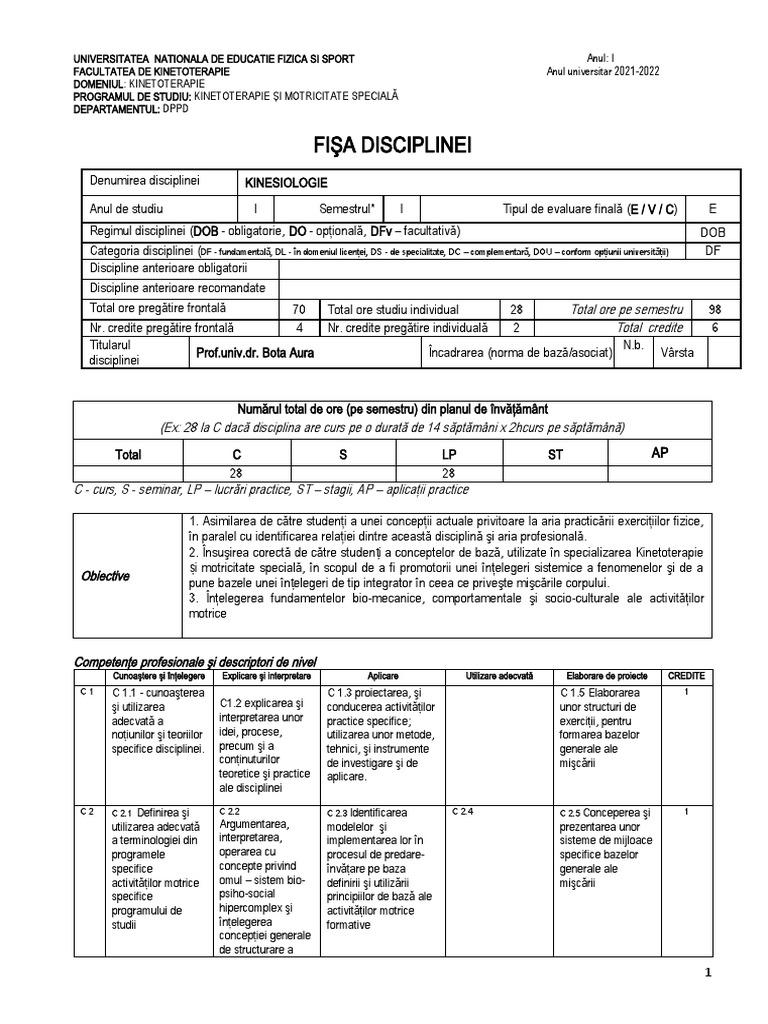 Fisa Disciplinei Kinesiologie | PDF