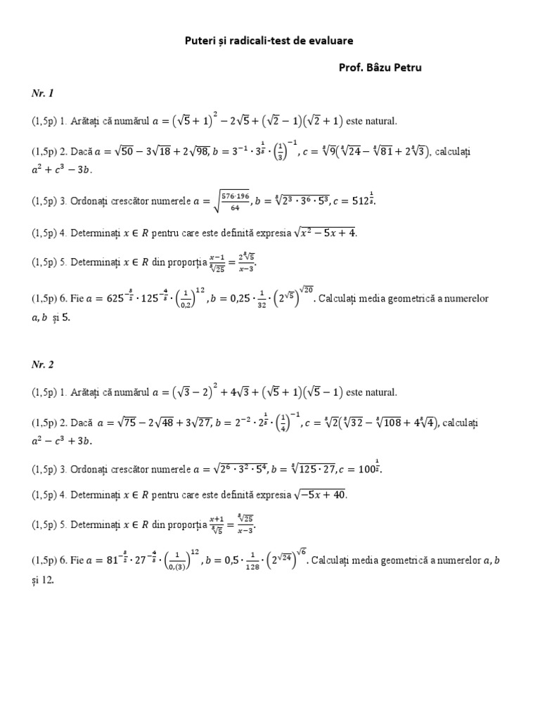 Puteri Si Radicalitest de Evaluare | PDF