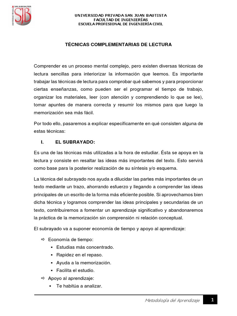 Técnicas Complementarias de Lectura | PDF | Aprendizaje | Memoria