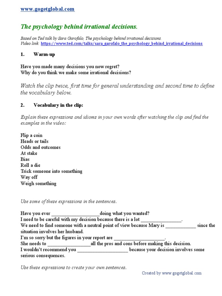English Lesson Plan About Decisions and Regrets Conversation Topics ...