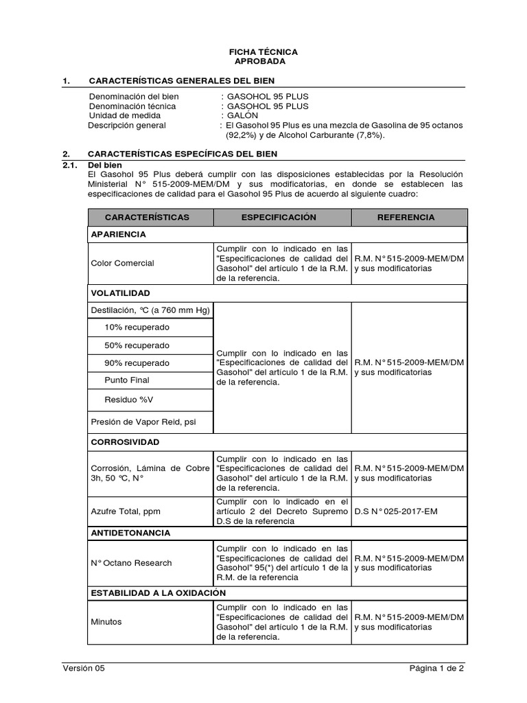 Ficha Técnica Gasohol 95 Plus | PDF