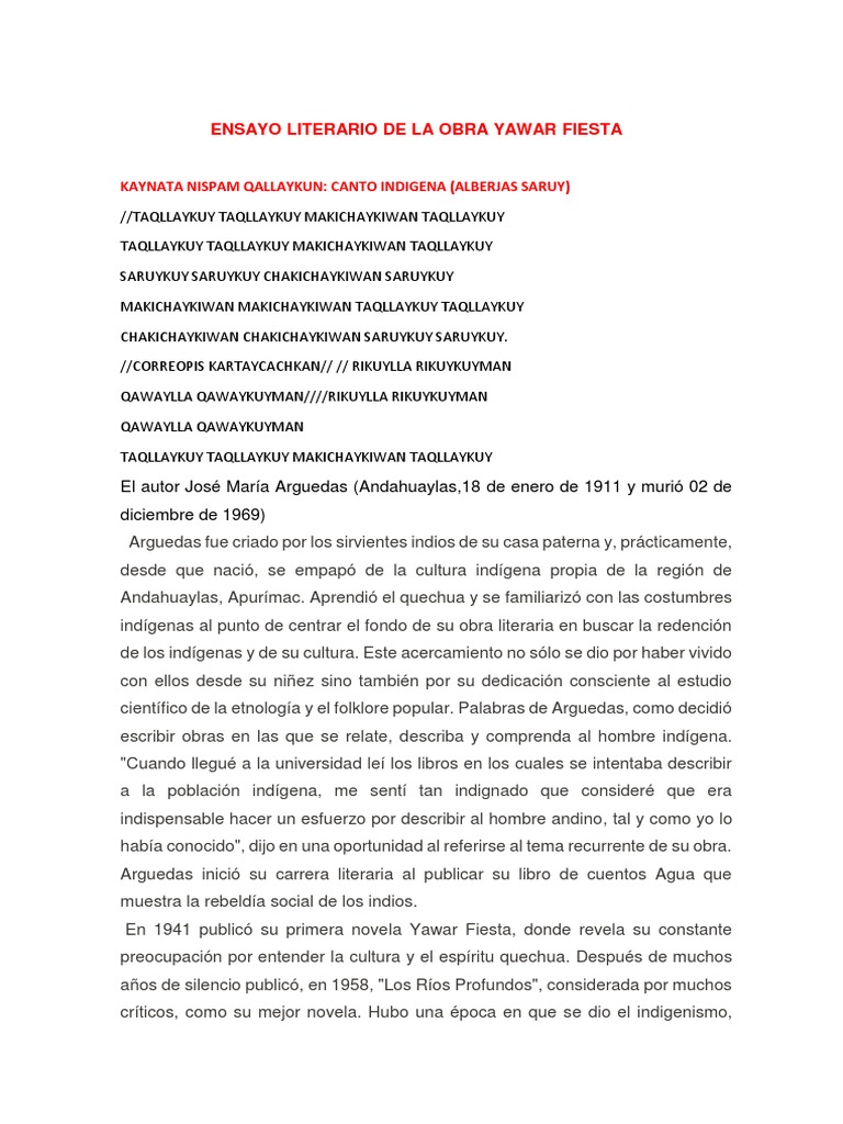 Ensayo Literario de La Obra Yawar Fiesta | PDF | Historia