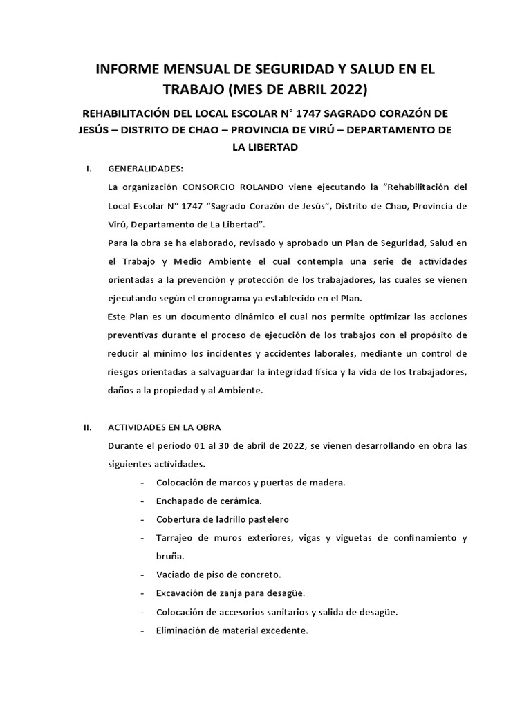 Informe Mensual de Seguridad y Salud en El Trabajo Jardin Mayo | PDF | Primeros auxilios ...