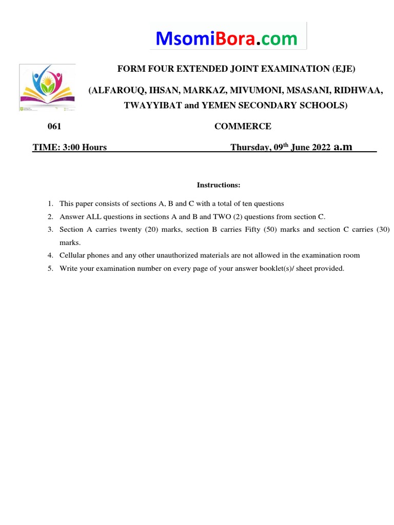 Form Four Commerce Joint Exam 2022 | PDF | Taxes | Goods