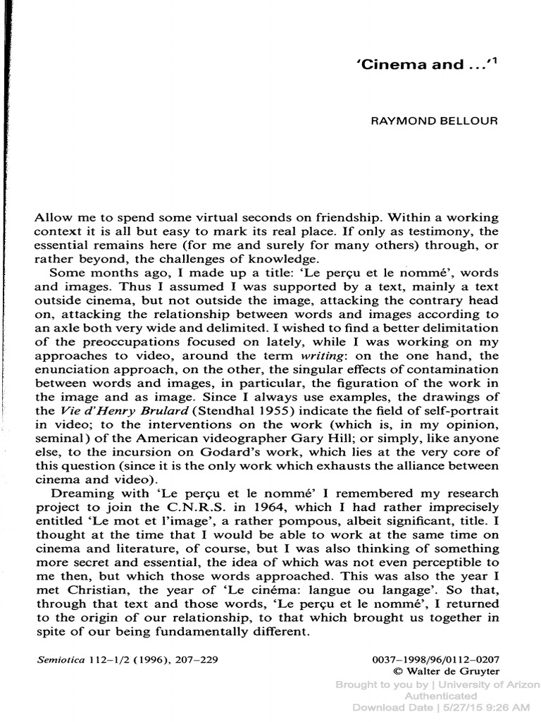 Bellour Raymond - Cinema And... | PDF | Michel Foucault | Discourse