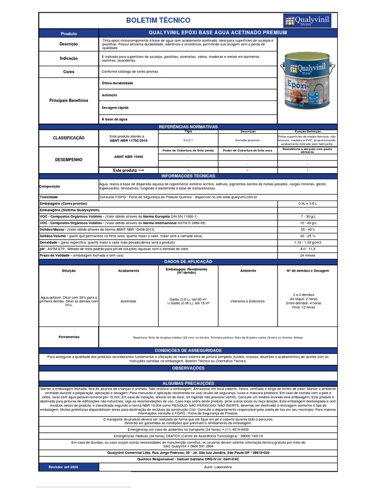 Boletim Tecnico Qualyvinil Epoxi Base Agua Acetinado Premium | PDF