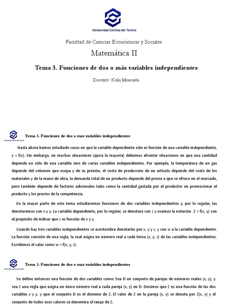 Tema 3. Funciones de Dos o Más Variables. I Parte. | PDF | Función (Matemáticas) | Derivado