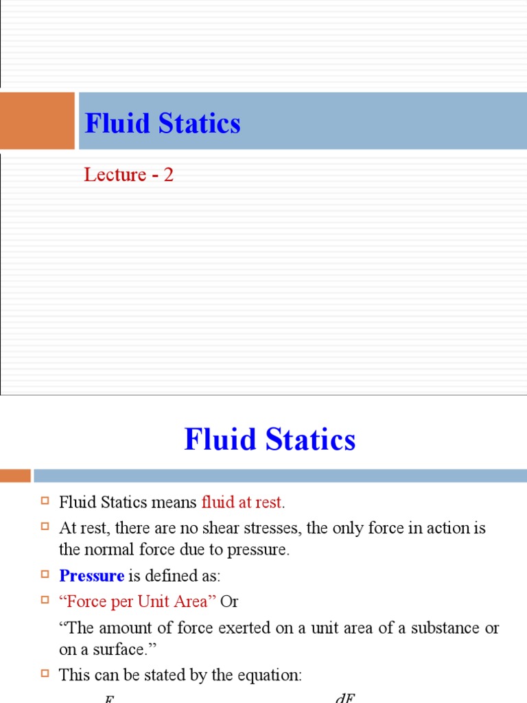 Lecture 2 Fluid Statics | PDF | Pressure Measurement | Pressure