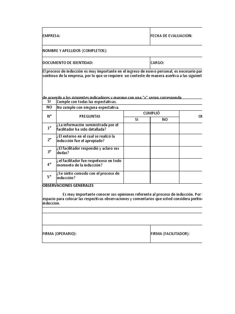 Formato Induccion, Capacitacion y Entrenamiento | PDF | Razonamiento inductivo | Evaluación