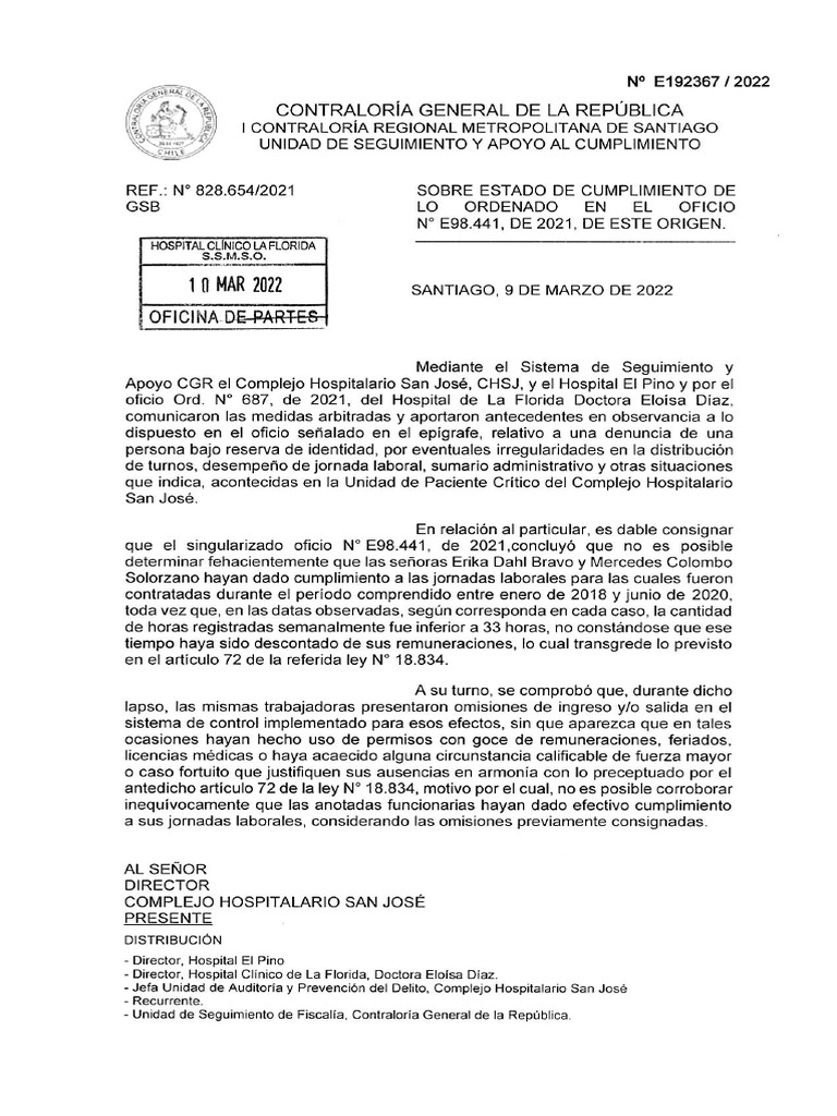 Oficio #E192367-2022 Sobre Estado de Cumplimiento de Lo Ordenado en Oficio #E98441-2021 | PDF