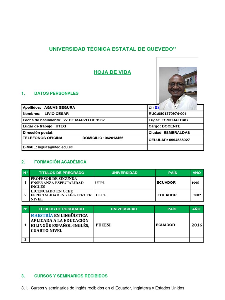 01 bHOJA DE VIDA-CV-uteq | PDF | Maestros | Idioma en Inglés