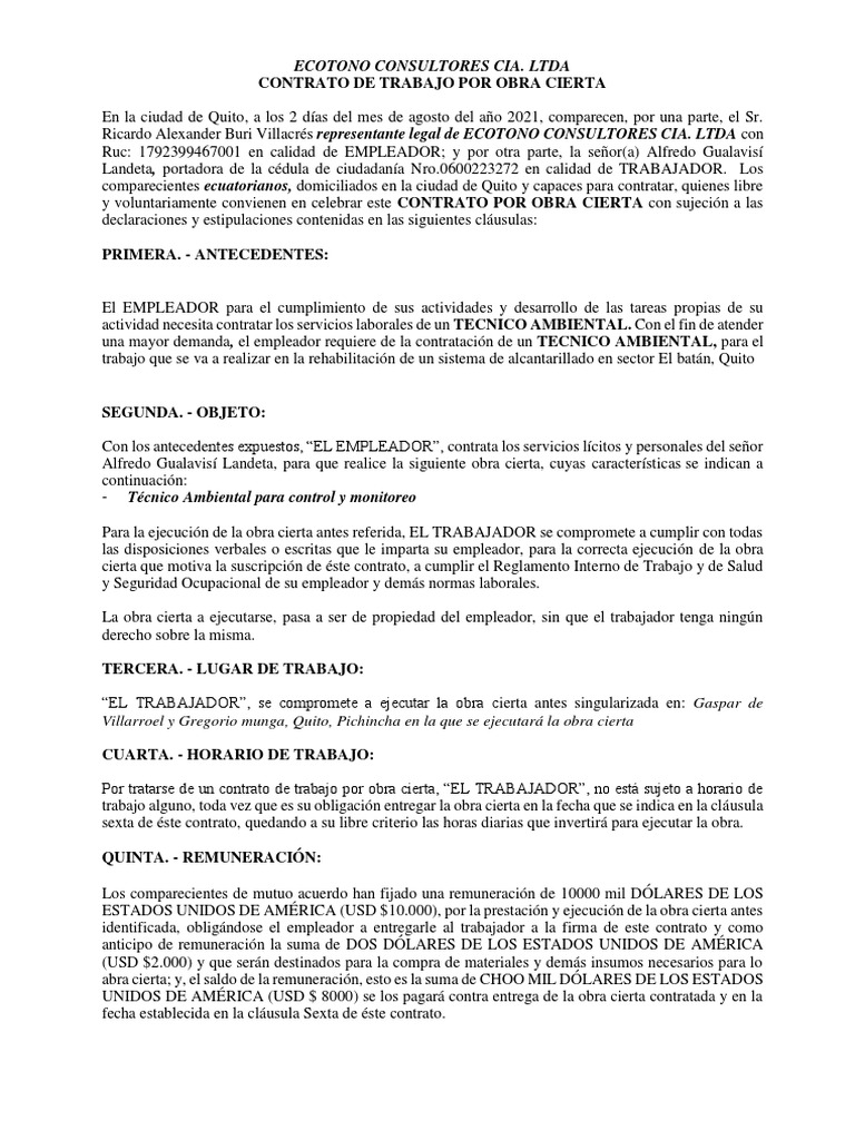 Contrato de Trabajo Por Obra Cierta | PDF | Salario | Justicia