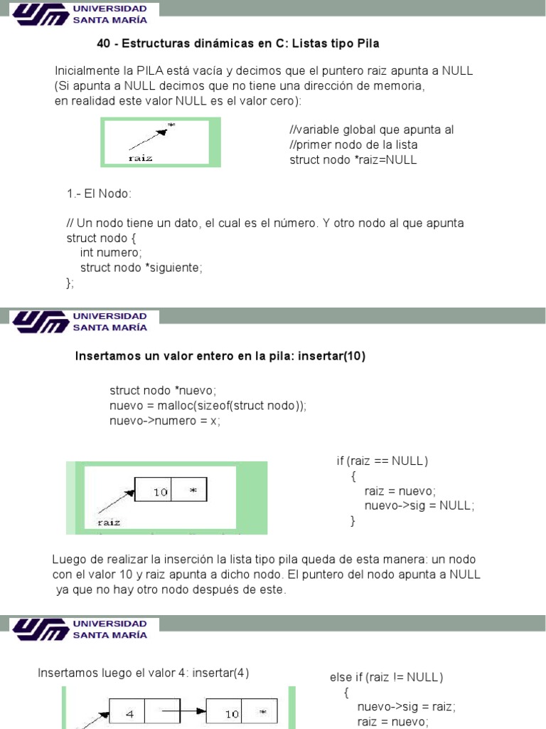 Implementando una pila dinámica en C mediante una lista enlazada | PDF | Puntero (Programación ...
