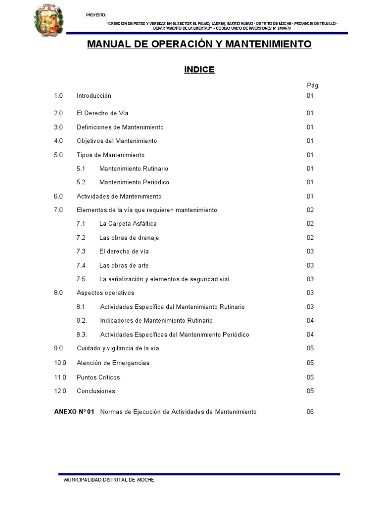 Manual de Operacion y Mantenimiento | PDF | La carretera | Entorno natural