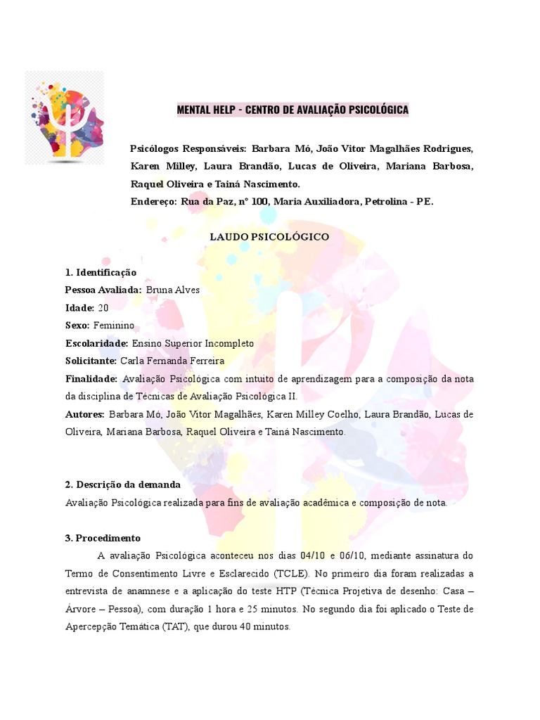 Laudo HTP e TAT | PDF | Avaliação psicológica | Psicologia