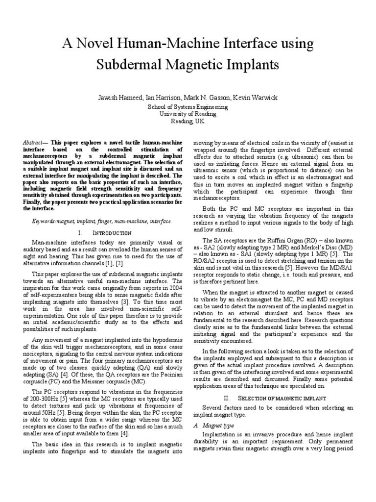 Subdermal Magnetic Implant Interface | PDF | Magnet | Stimulus (Physiology)