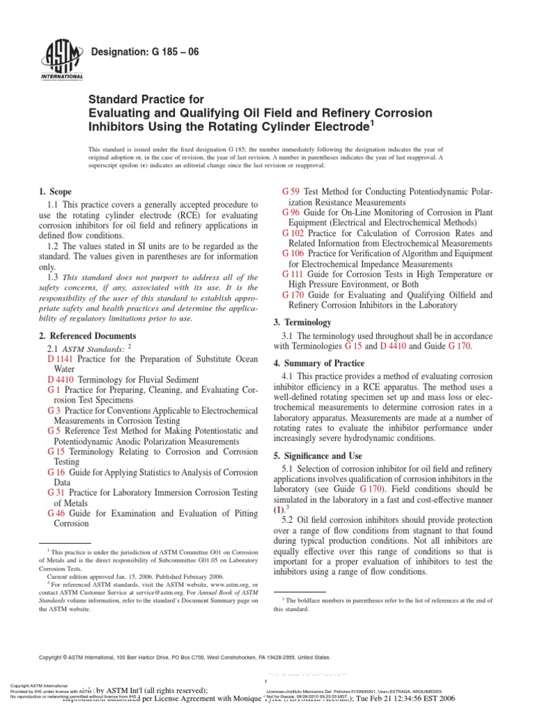 ASTM G185 Inhib-Corros-Método Evaluación-2010 | PDF | Corrosion ...