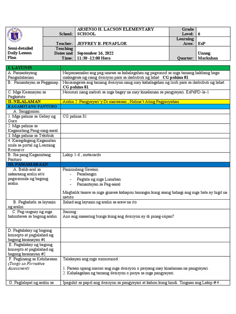 EsP-DLP Aralin 2 - Ikatlong Araw (Sept. 16) | PDF