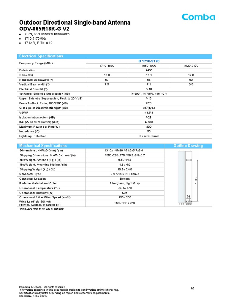 ODV-065R18K-G V2 DS 1-0-7 - 1900 - Comba | PDF | Decibel | Antenna (Radio)