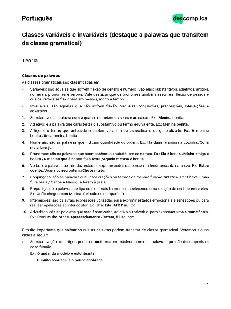 Aprofundamento-Português-Classes Variáveis e Invariáveis (Destaque A ...