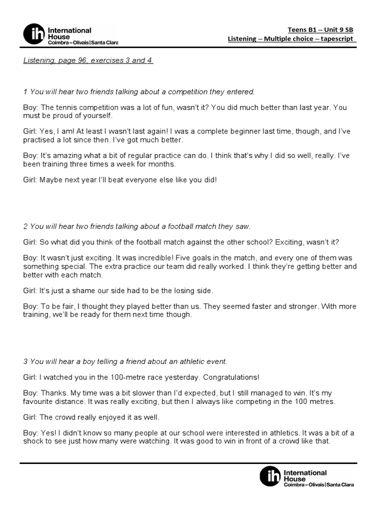 Listening Tapescript B1 - Unit 9 Multiple Choice SB | PDF