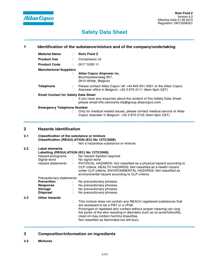 Safety Data Sheet for Roto Fluid Z Compressor Oil Version 4.2 Effective ...