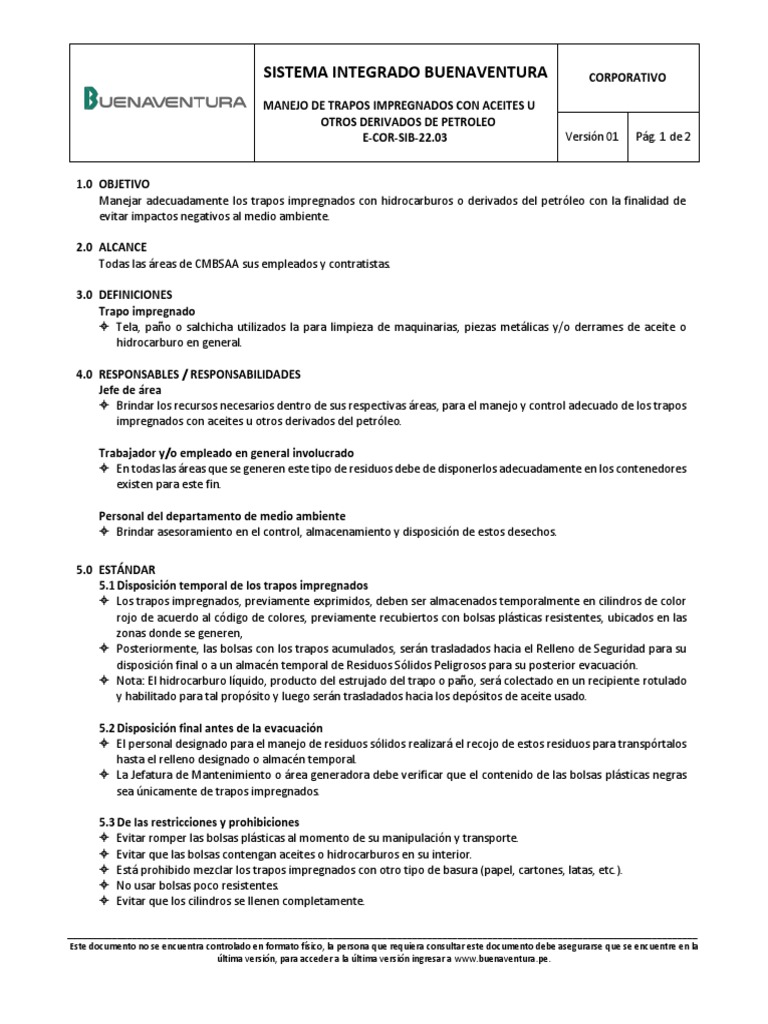 Manejo de Trapos Impregnados de Aceite | PDF | Residuos | Petróleo