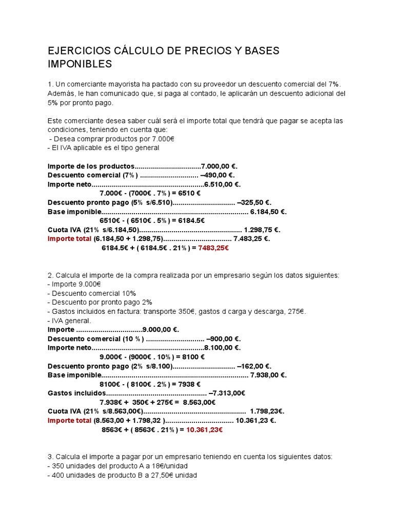 Ejercicios Cálculo de Precios y Bases Imponibles | PDF