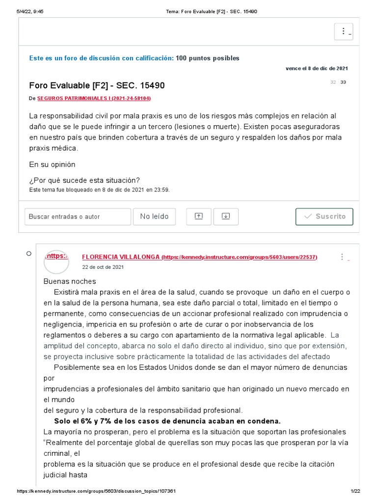Tema - Foro Evaluable (F2) - SEC. 15490 | PDF | Seguro | Póliza de seguros