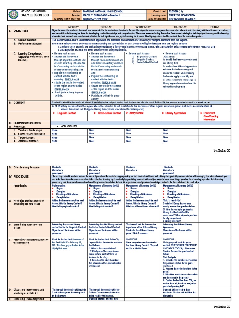 Creative Nonfiction DLL | PDF | Teaching Method | Learning
