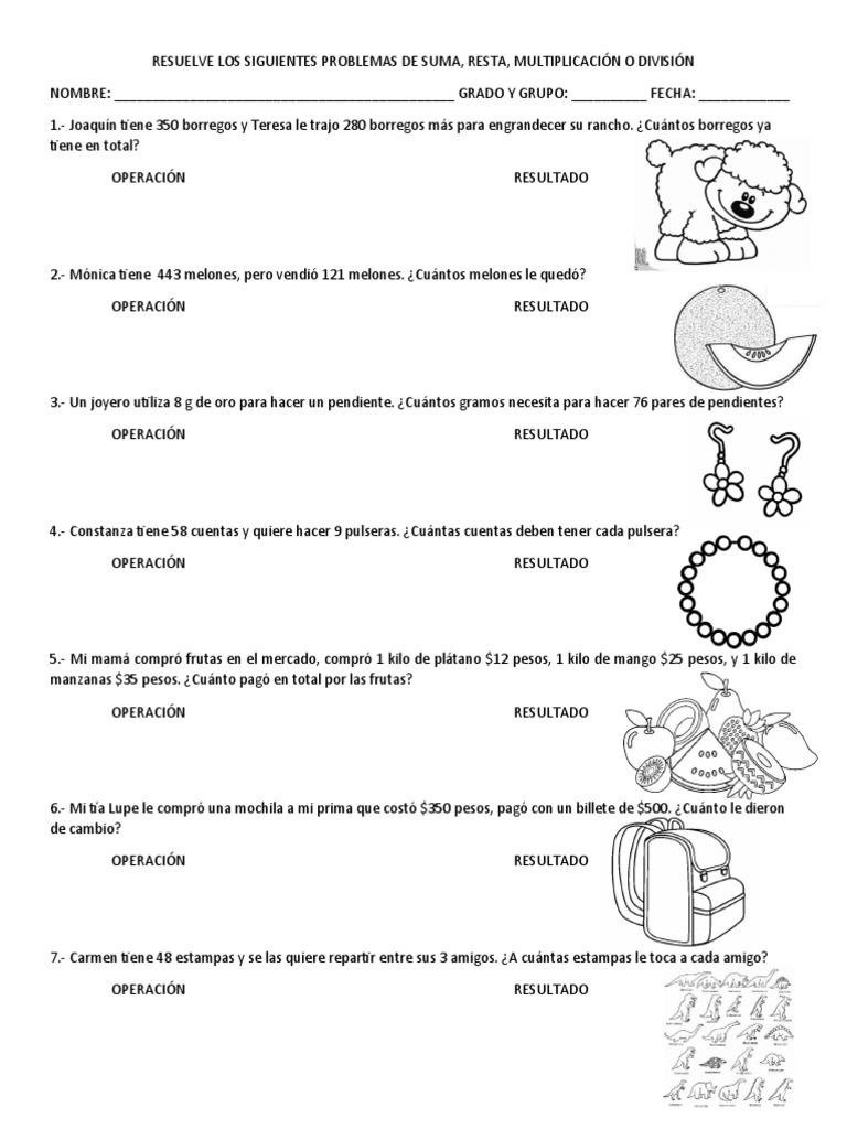 Problemas de Suma, Resta, Multiplicacion y División | PDF