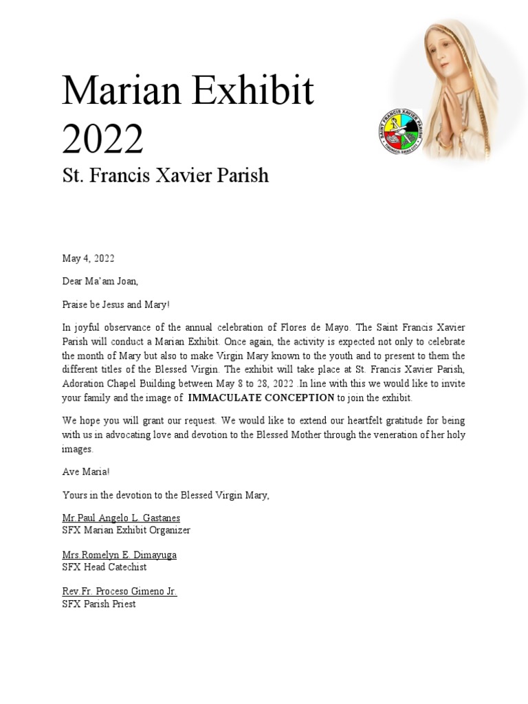 Invitation Letters for St. Francis Xavier Parish's 2022 Marian Exhibit ...